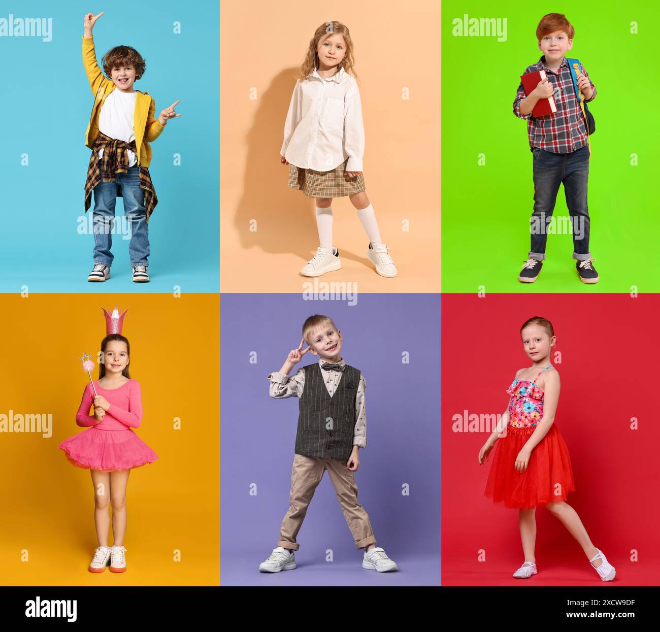 Adorable children on different color backgrounds. Collage of photos ...