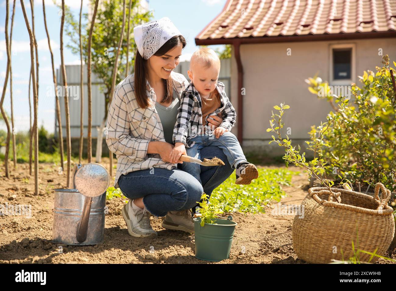 Mother and her cute son planting tree together in garden Stock Photo ...