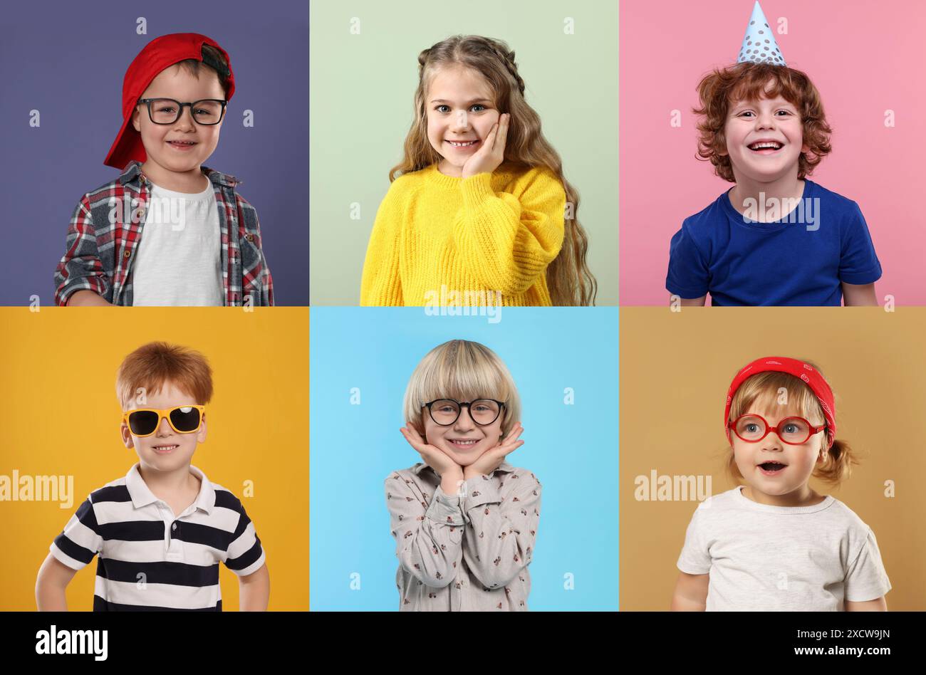 Adorable children on different color backgrounds. Collage of photos ...