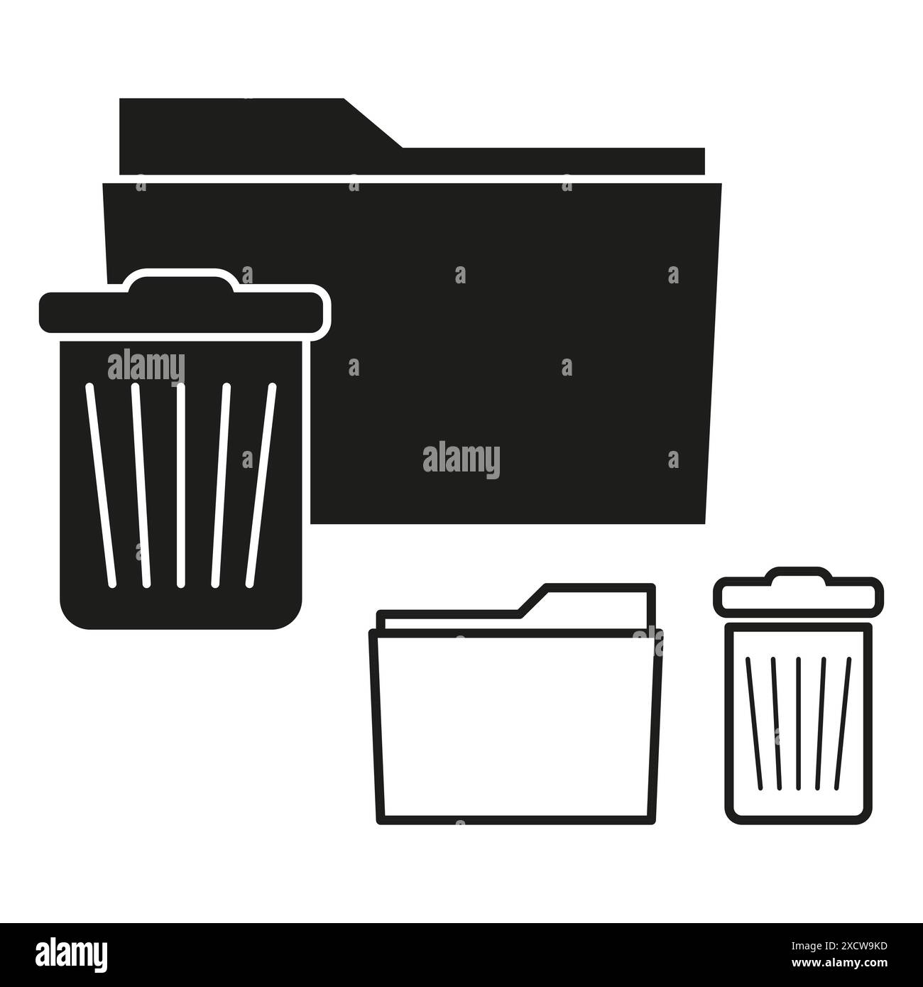 Folder and trash icons. Black and white. Vector office symbols ...