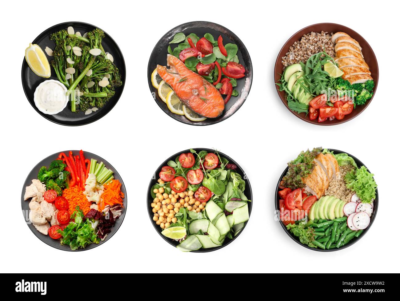 Set of different healthy meals on white background, top view Stock ...