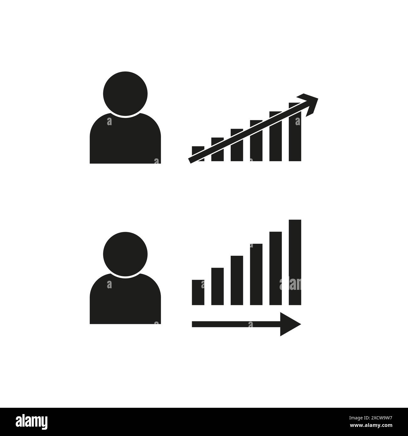 Business growth icons. Person with bar chart. Black and white. Vector ...