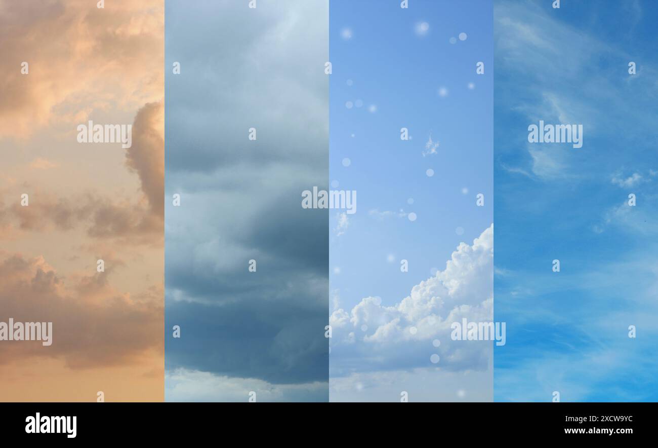 Different weather conditions due to season changing. Collage with ...