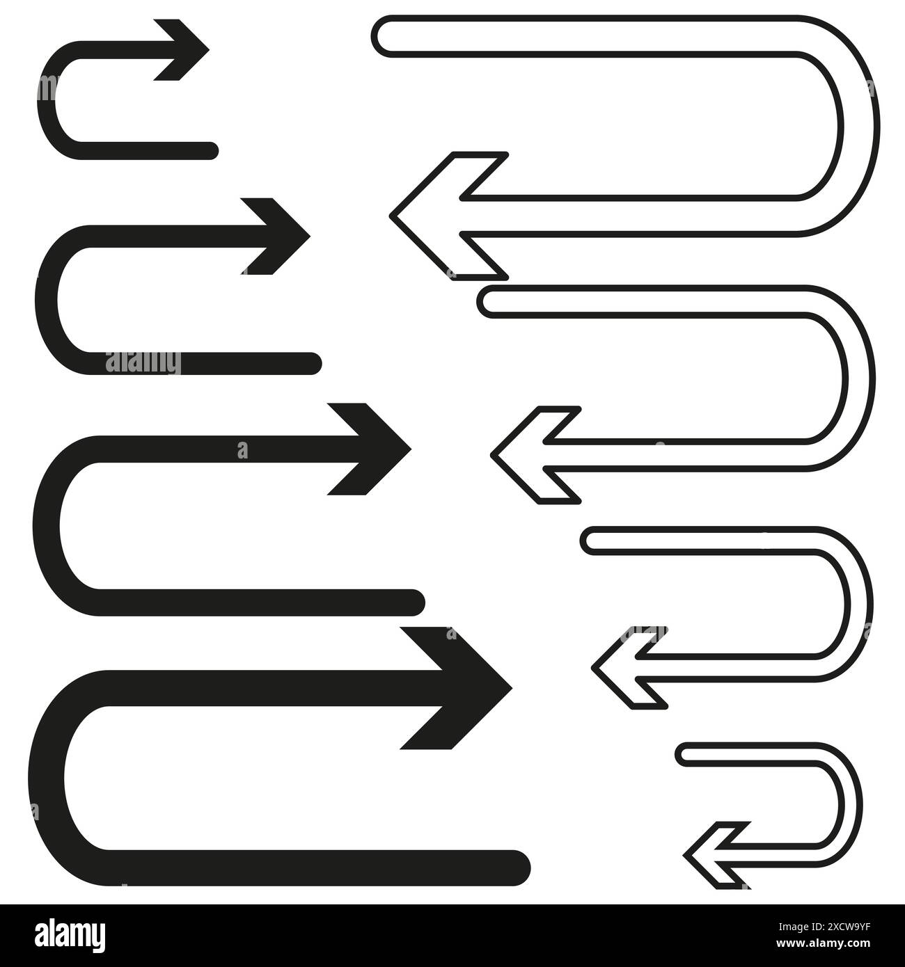 Curved arrow icons. Direction symbols set. Black and white. Vector ...