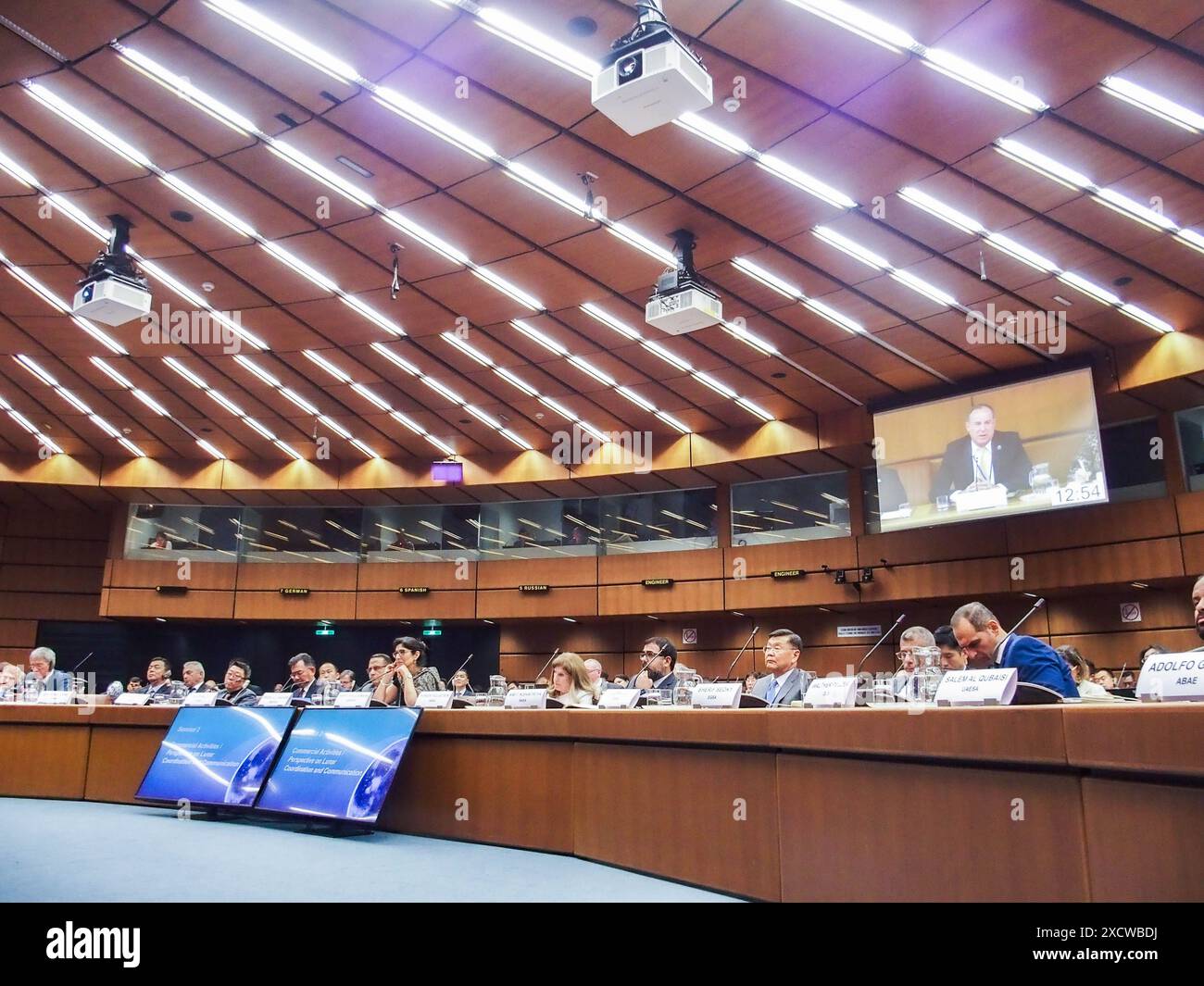 Vienna, Austria, Austria. 18th June, 2024. STEVE ATLEMUS of Intuitive Machines is projected on a ...