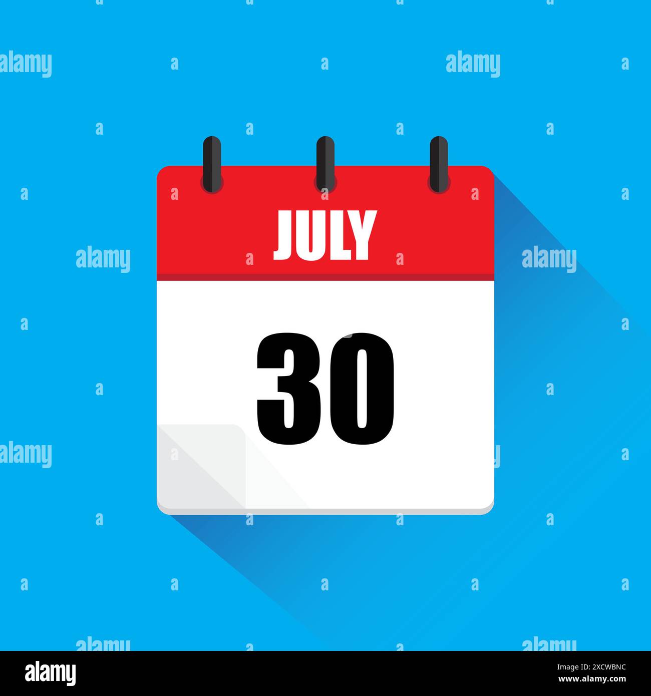Calendar page icon. July thirtieth. Red and white design. Blue ...