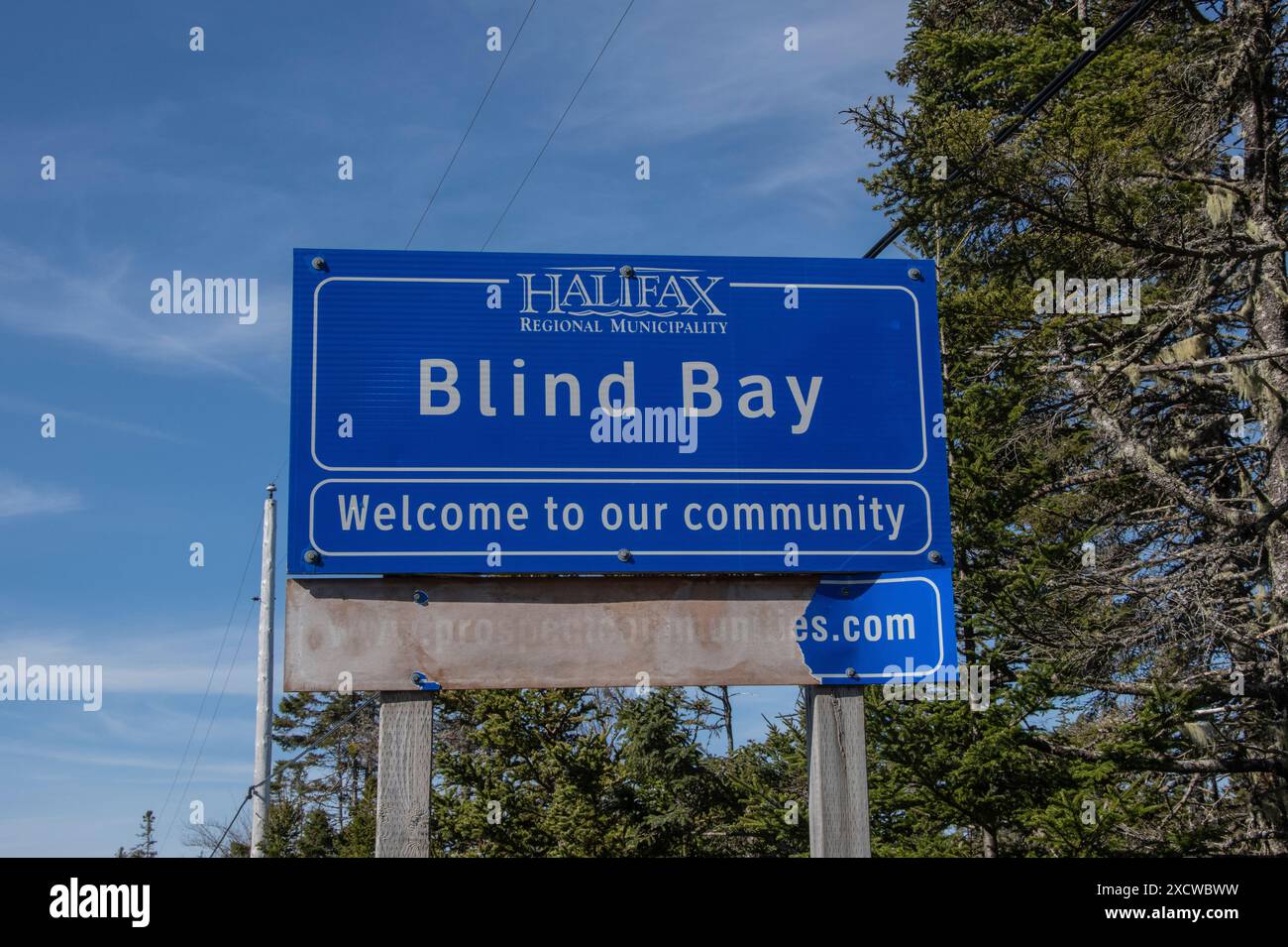 Welcome to Blind Bay sign on Prospect Road in Nova Scotia, Canada Stock ...