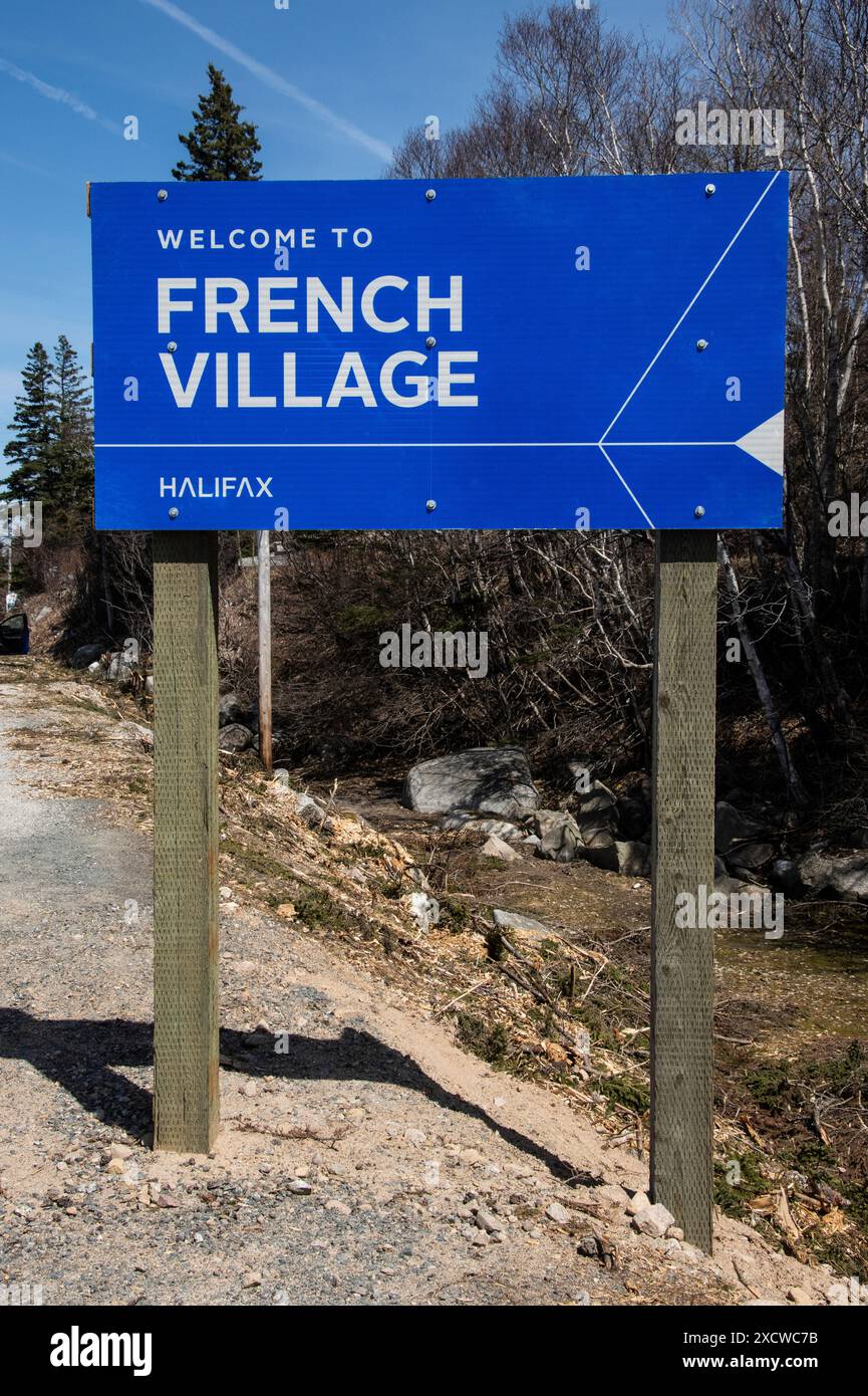 Welcome French Village sign on Peggy's Cove Road in Nova Scotia, Canada ...