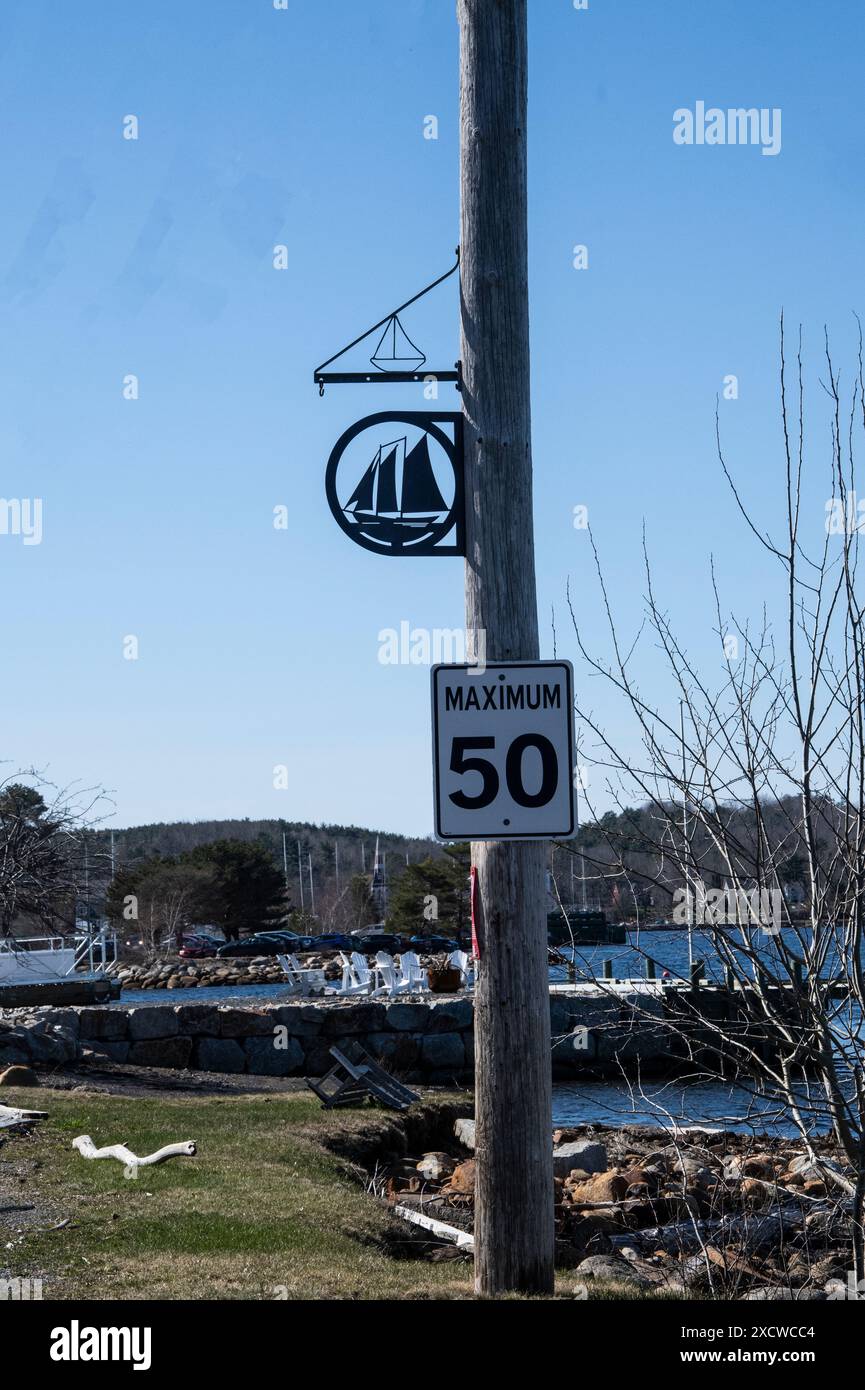 Sailboat and speed limit signs at Mahone Bay, Nova Scotia, Canada Stock ...