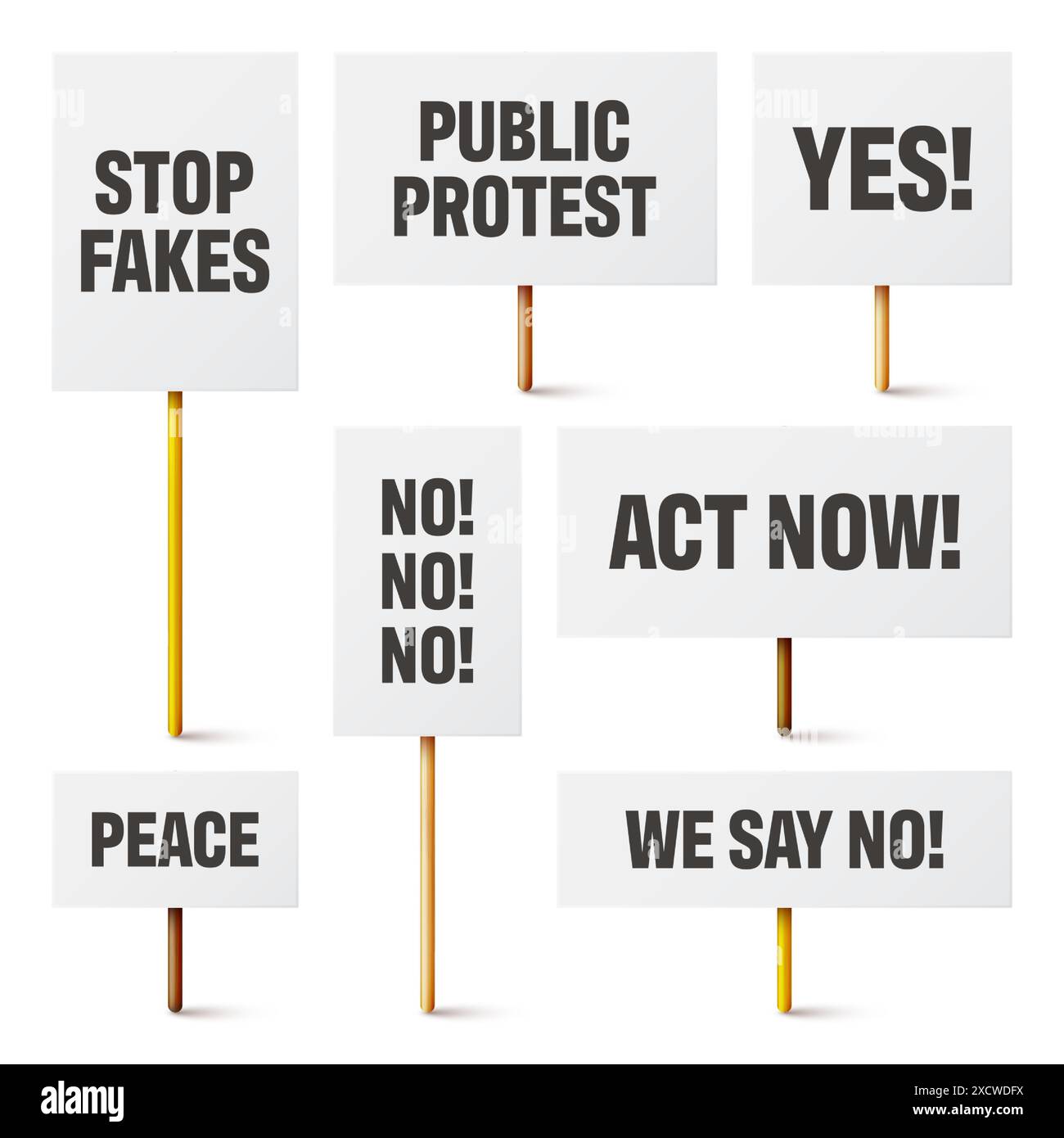 Blank white protest signs with text slogans on wooden holder. Various ...