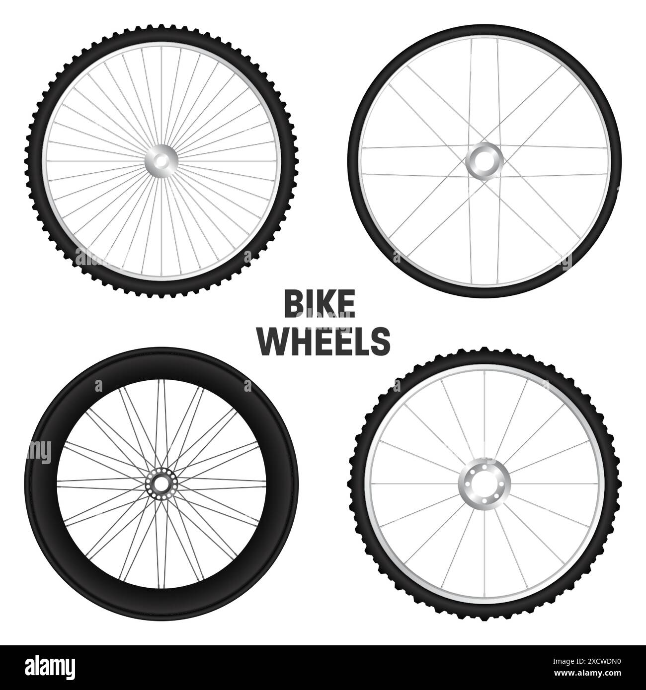 Realistic 3d bicycle wheels. Bike rubber tyres, shiny metal spokes and ...