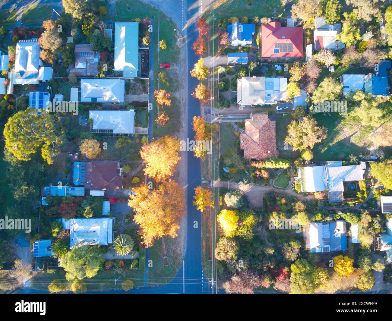Residential street and houses aerial view with vibrant colours ...