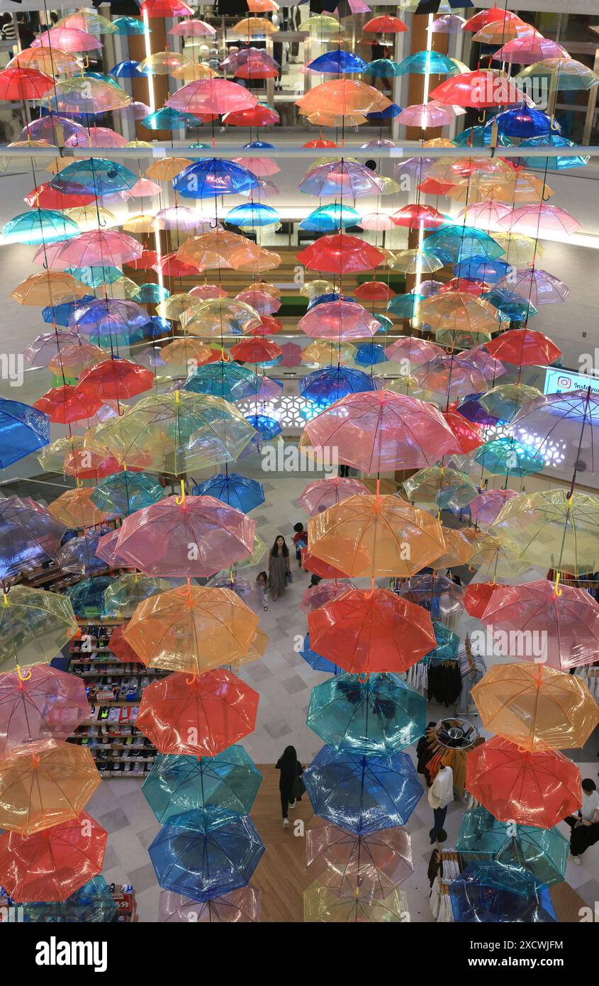 Colourful umbrellas are displayed at Aeon Mall Kitaoji in Kyoto on June ...