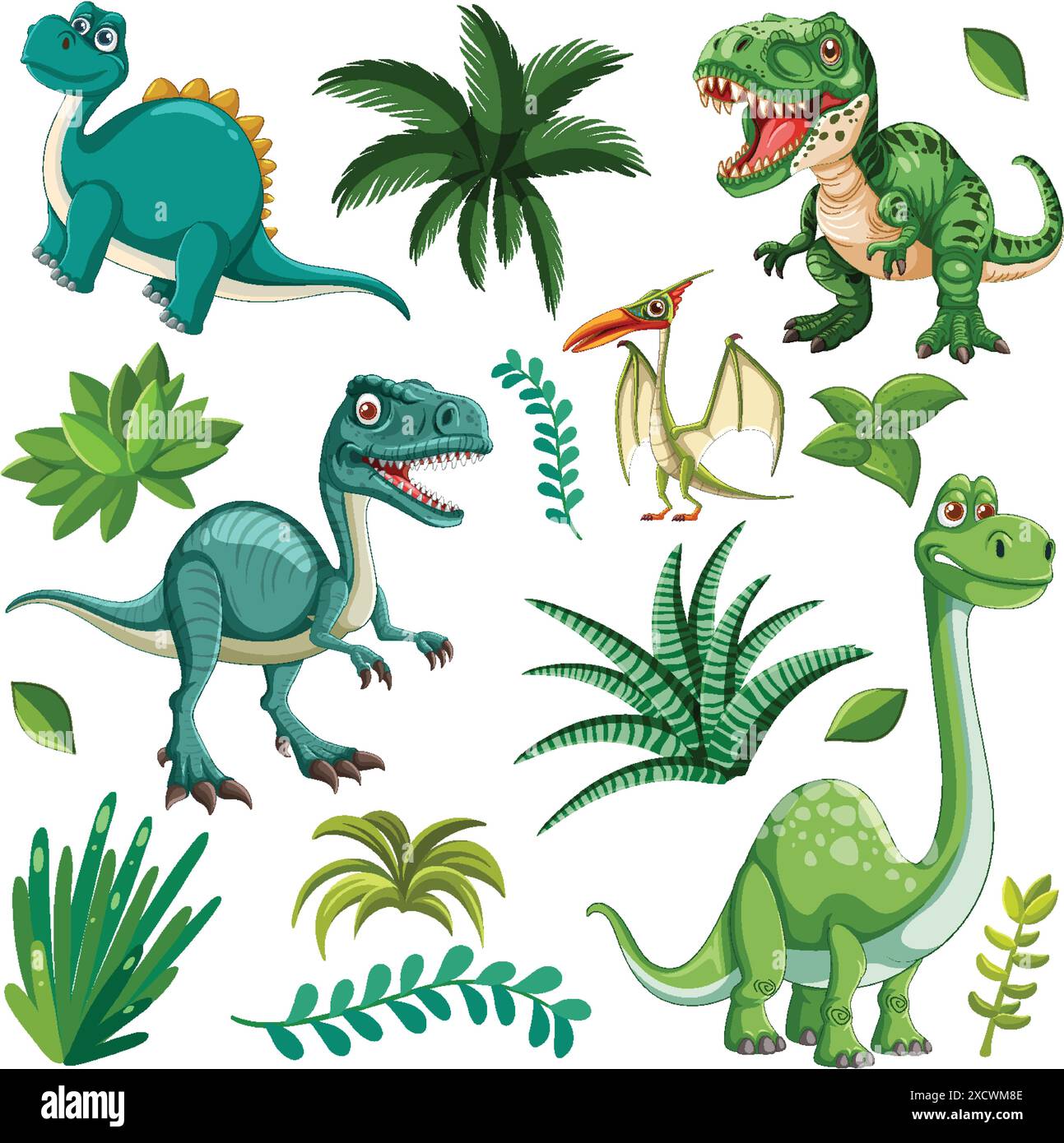Various dinosaurs and plants in a vibrant design Stock Vector Image ...