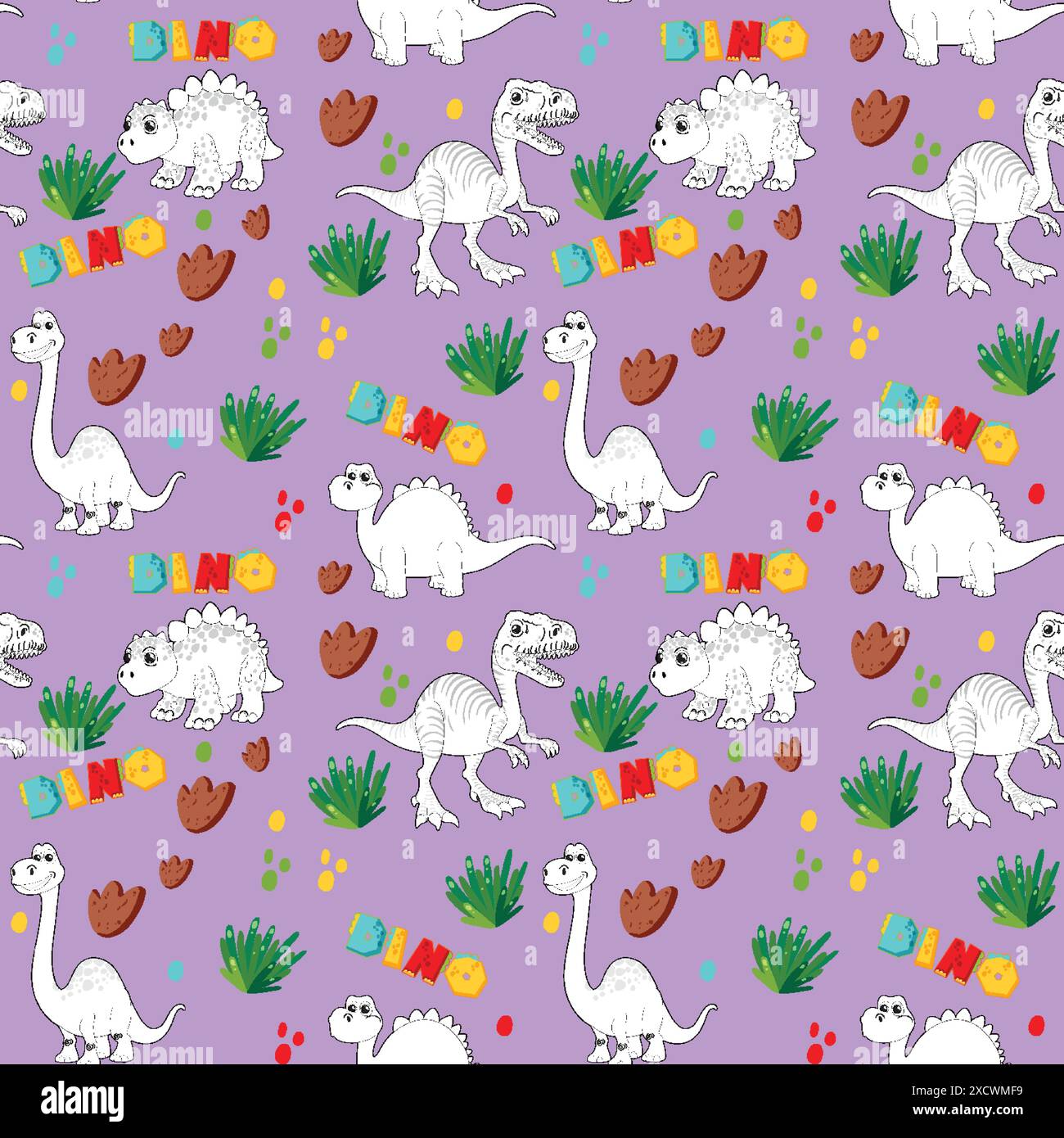 Colorful dinosaurs and plants on a purple background Stock Vector Image ...