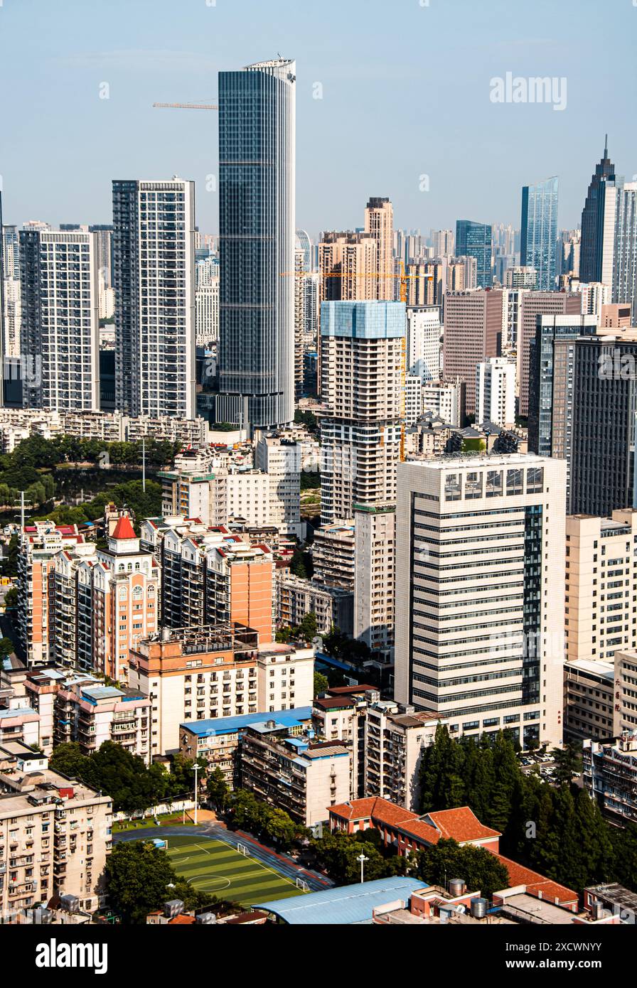 Aerial view of the magnificent modern financial district skyscrapers on ...