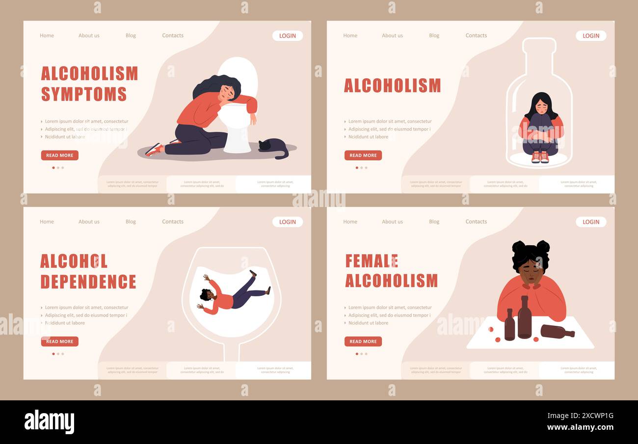 Alcoholism concept. Set of Landing page template. Depressed Female ...