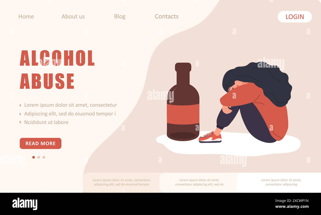 Alcohol abuse. Landing page template. Depressed woman sitting on floor ...