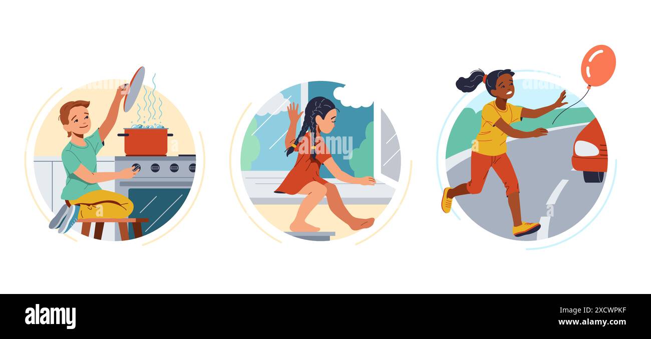 Little children accidents risk flat color vector icon set. Kids safety ...