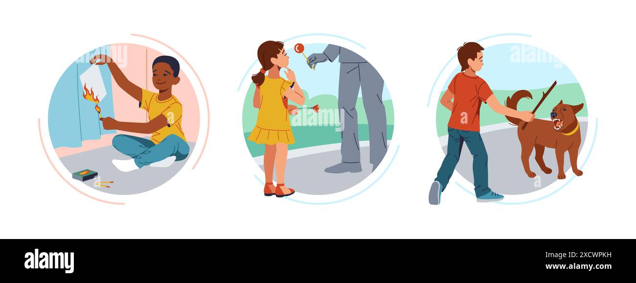 Dangers for little kids flat color vector icon set. Various risks ...