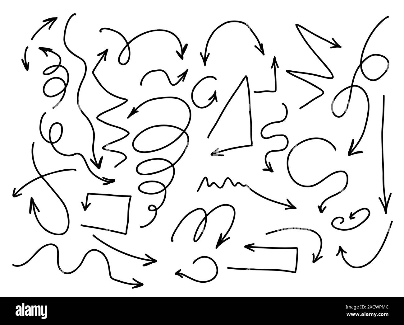 A collection of distinct black hand-drawn arrows doodles on a isolated ...