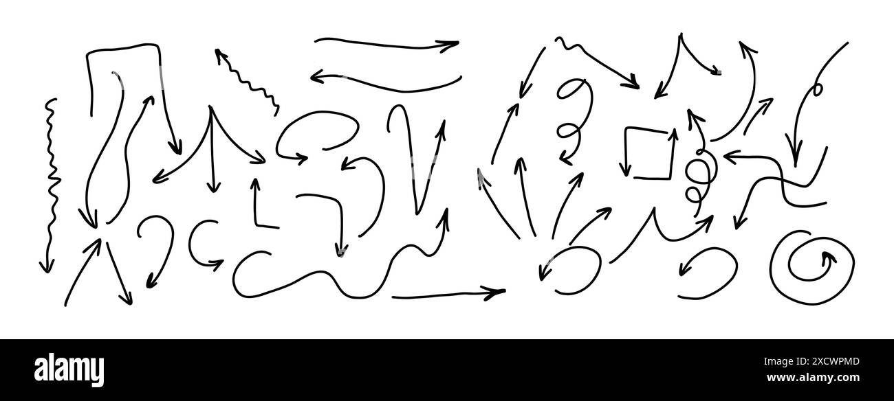 A collection of hand-drawn black arrows doodles in various styles and ...