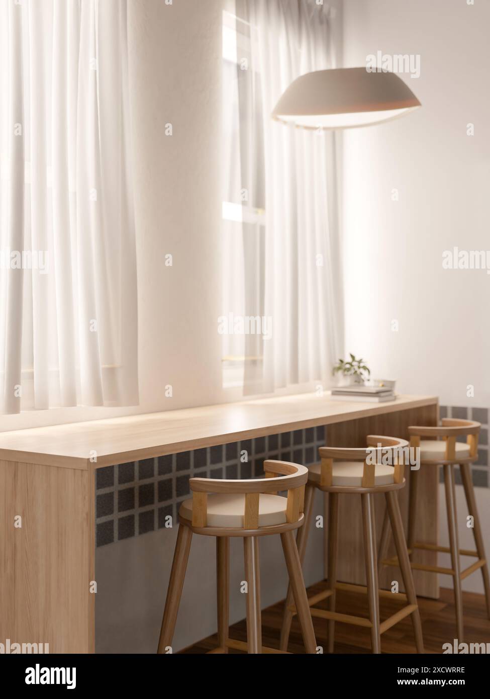 The interior design of a cozy minimalist coffee shop seating area ...
