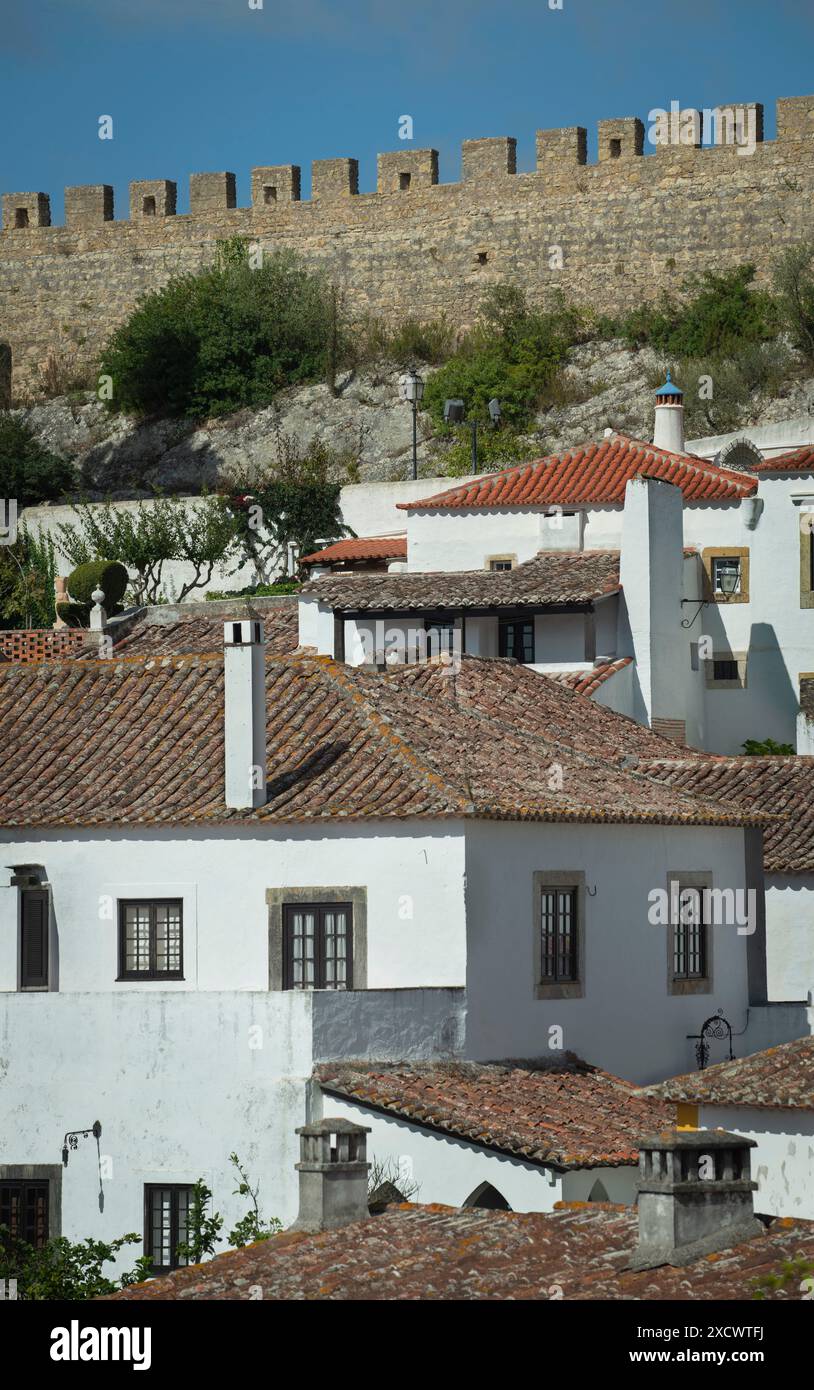 Óbidos, Portugal, Rooftop view of Traditional Whitewashed homes with ...