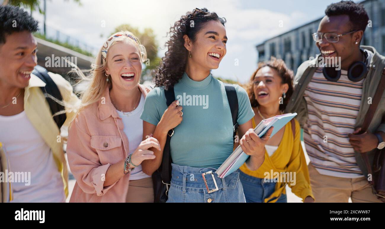 Happy, university and laughing with friends and class diversity on ...