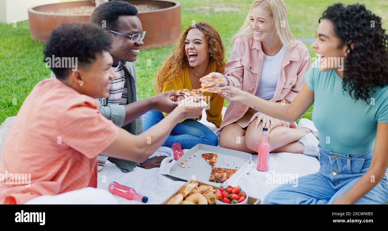 Students, pizza and park with happy friends, diversity and picnic with ...