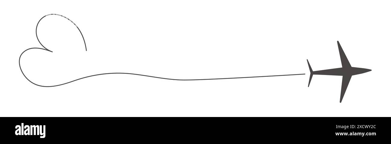 Itinerary dashed trace heart shape, line airplane flight, dotted path ...