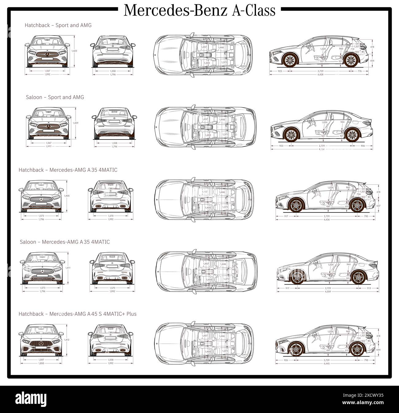 Mercedes Benz Class A 2023 car blueprint collection Stock Vector Image ...