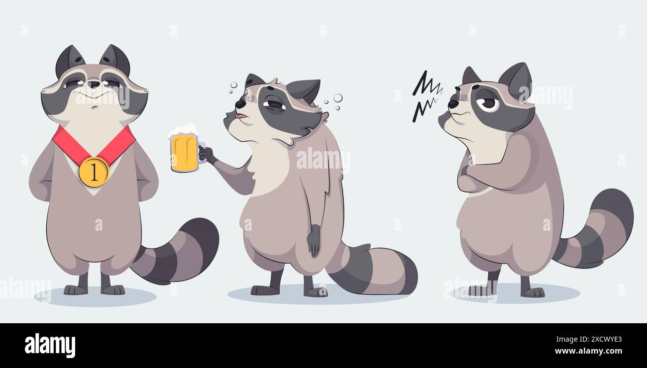 Cute racoon character. Funny animal drawing set. Happy winner raccoon ...