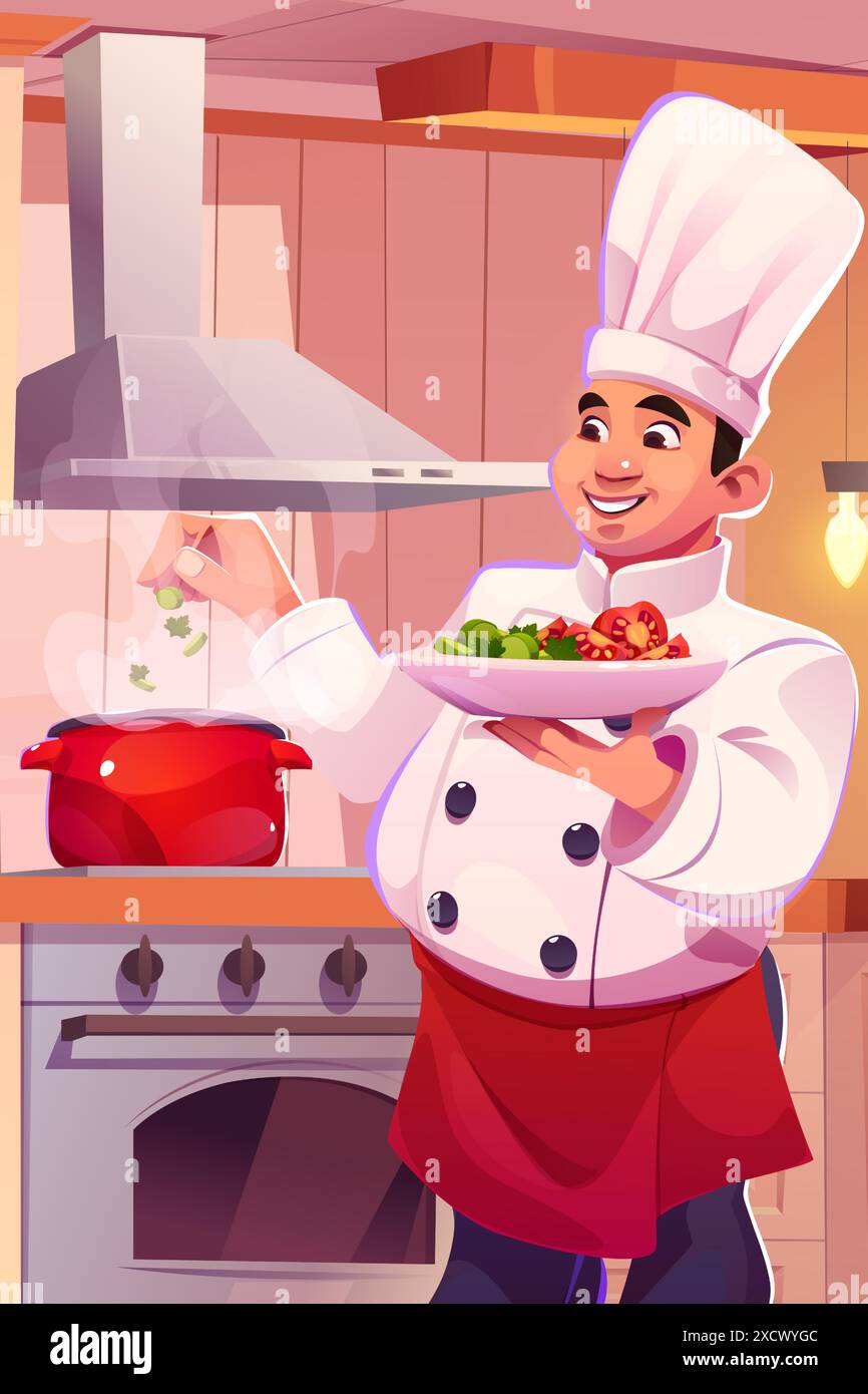 Chef cook food with kitchen equipment cartoon illustration. Soup ...