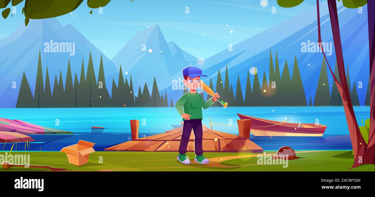 Boy on pier by boat Stock Vector Images - Alamy