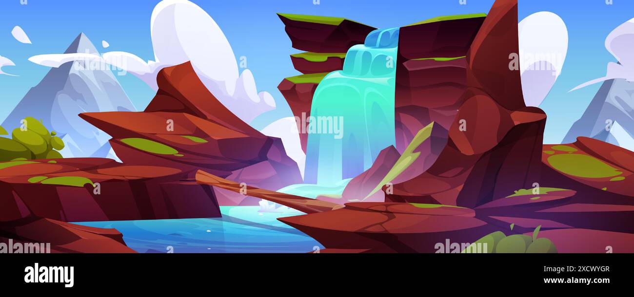 Summer sunny landscape with rocky cliff mountain, waterfall and log ...