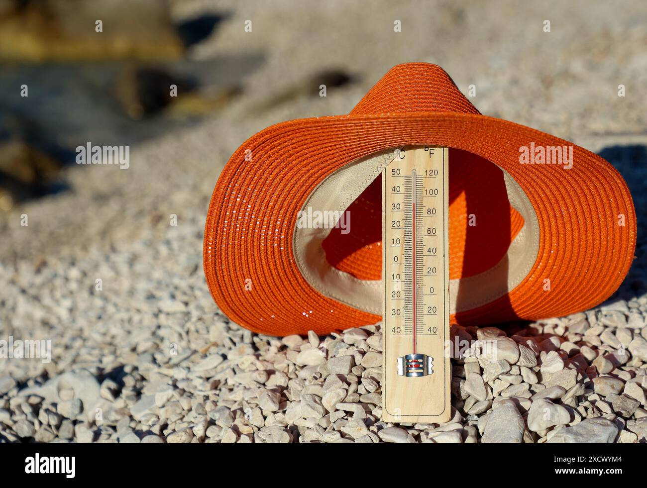 Split, Croatia. 18th June, 2024. A thermometer is pictured at the beach ...
