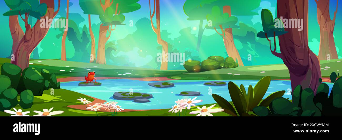 Jungle forest lake. River water cartoon vector. Pond in deep green ...