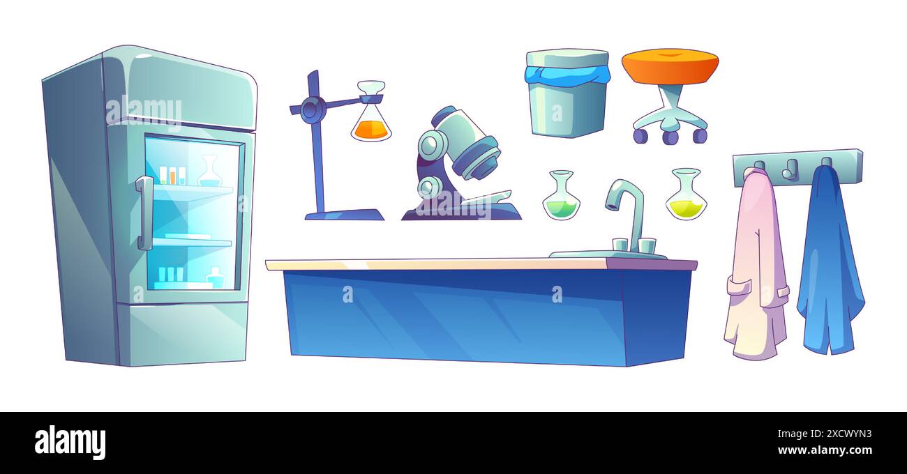 Science laboratory interior furniture and equipment. Cartoon vector set ...