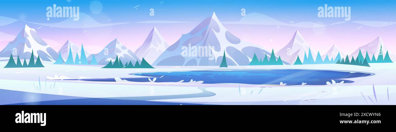 Winter day landscape with little lake in foot of rocky mountains. Cold ...