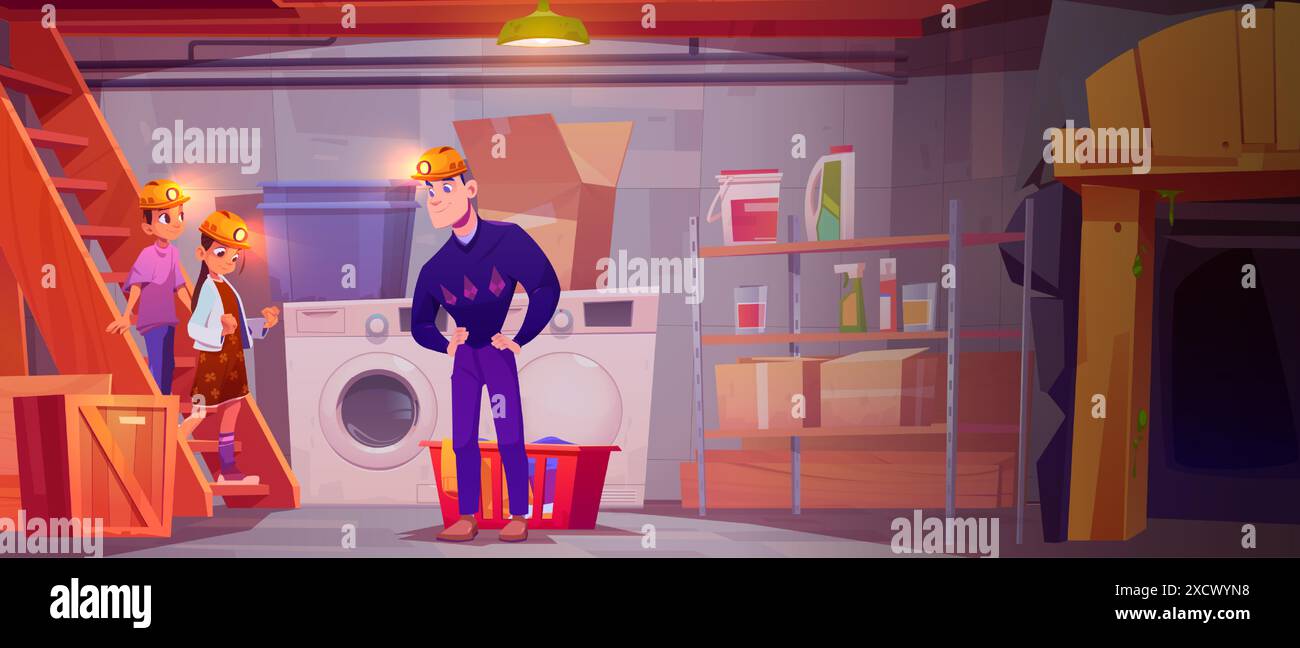 Father and children in basement room with tunnel cartoon. Cellar ...