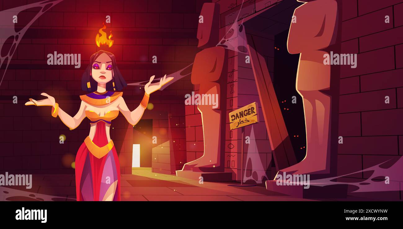 Danger goddess in abandoned ancient temple. Pyramid interior with brick ...