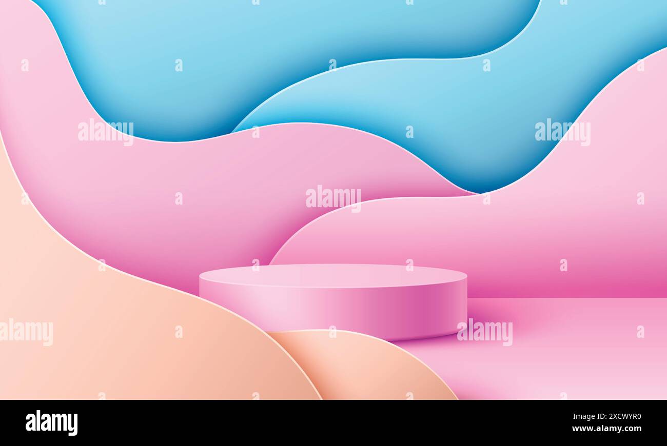 Round podium on abstract pastel color background. Vector realistic illustration of pink cylinder ...
