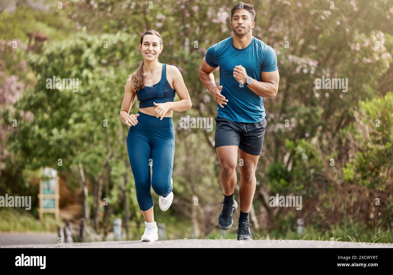 Fitness, couple and running in outdoor nature for practice marathon ...