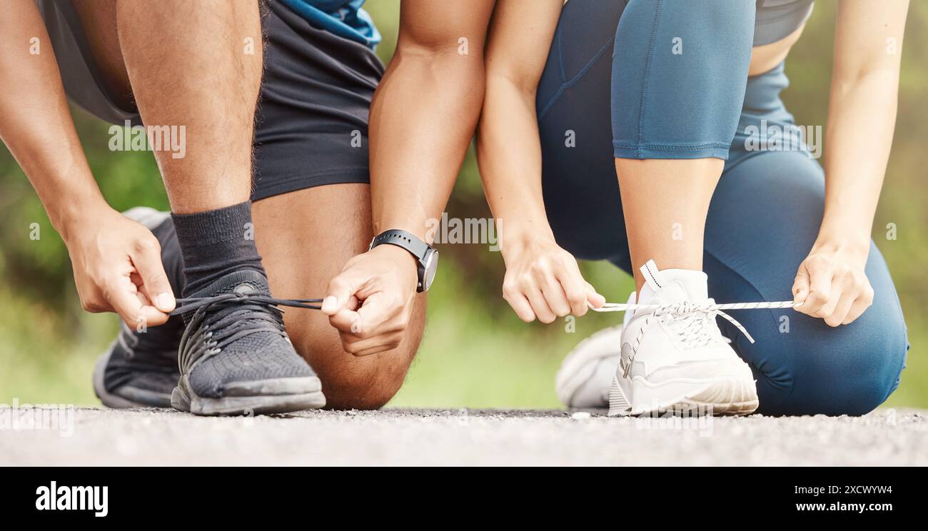 Fitness, couple and hands for shoelace in outdoor for daily exercise routine, activity and ...
