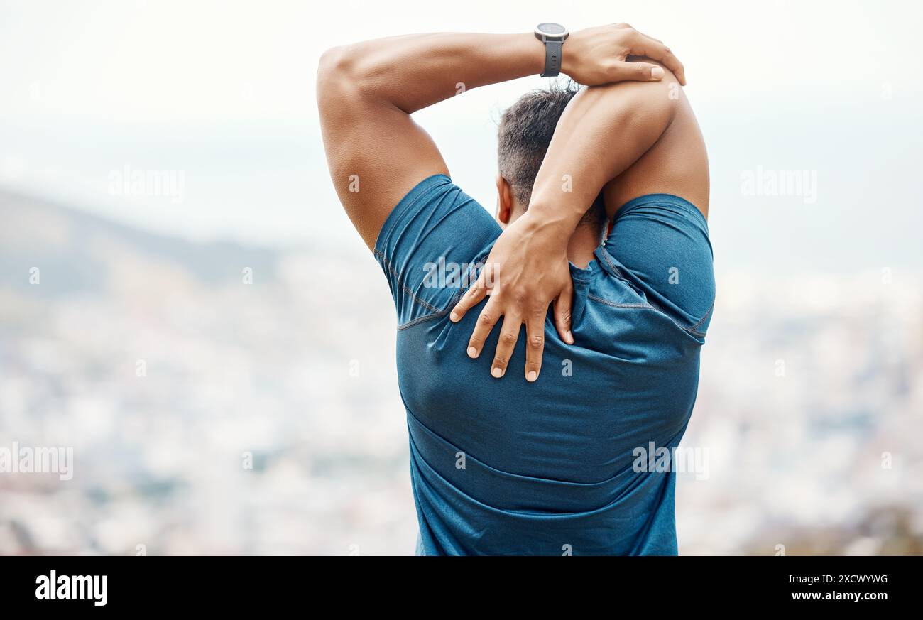 Fitness, man and back with stretching arms in outdoor for prepare, warm ...