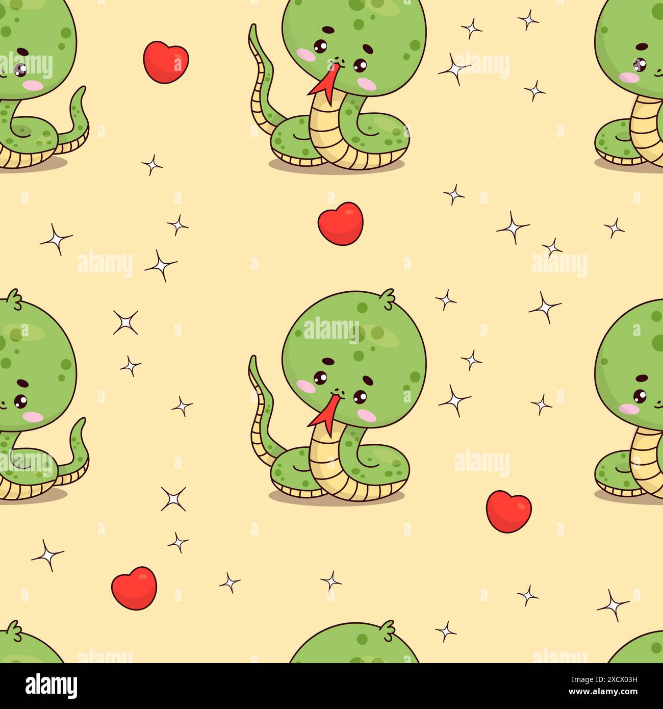 Seamless pattern with cute little snake on yellow background. Cartoon ...