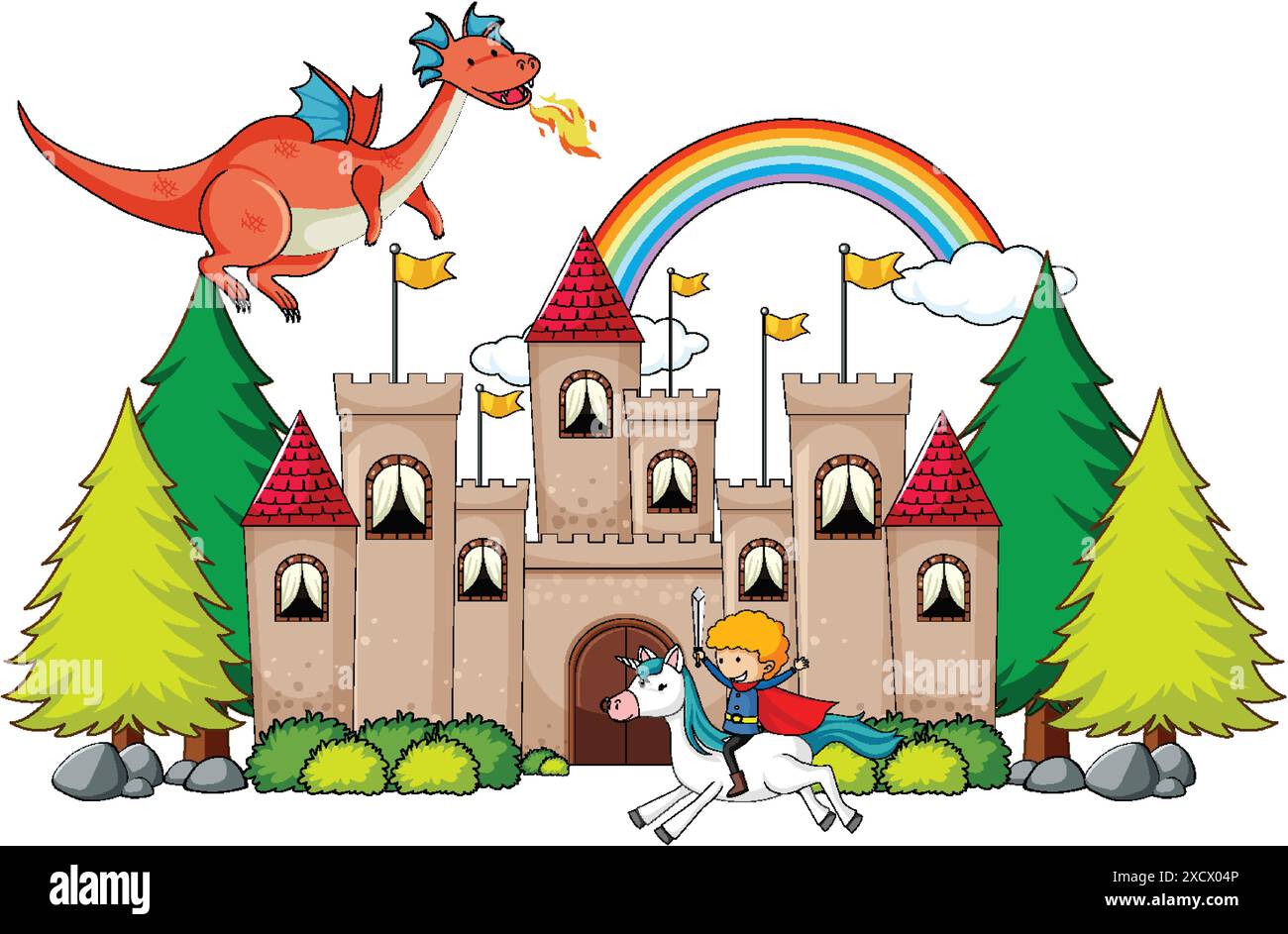 Knight on unicorn, dragon, castle, and rainbow Stock Vector Image & Art ...