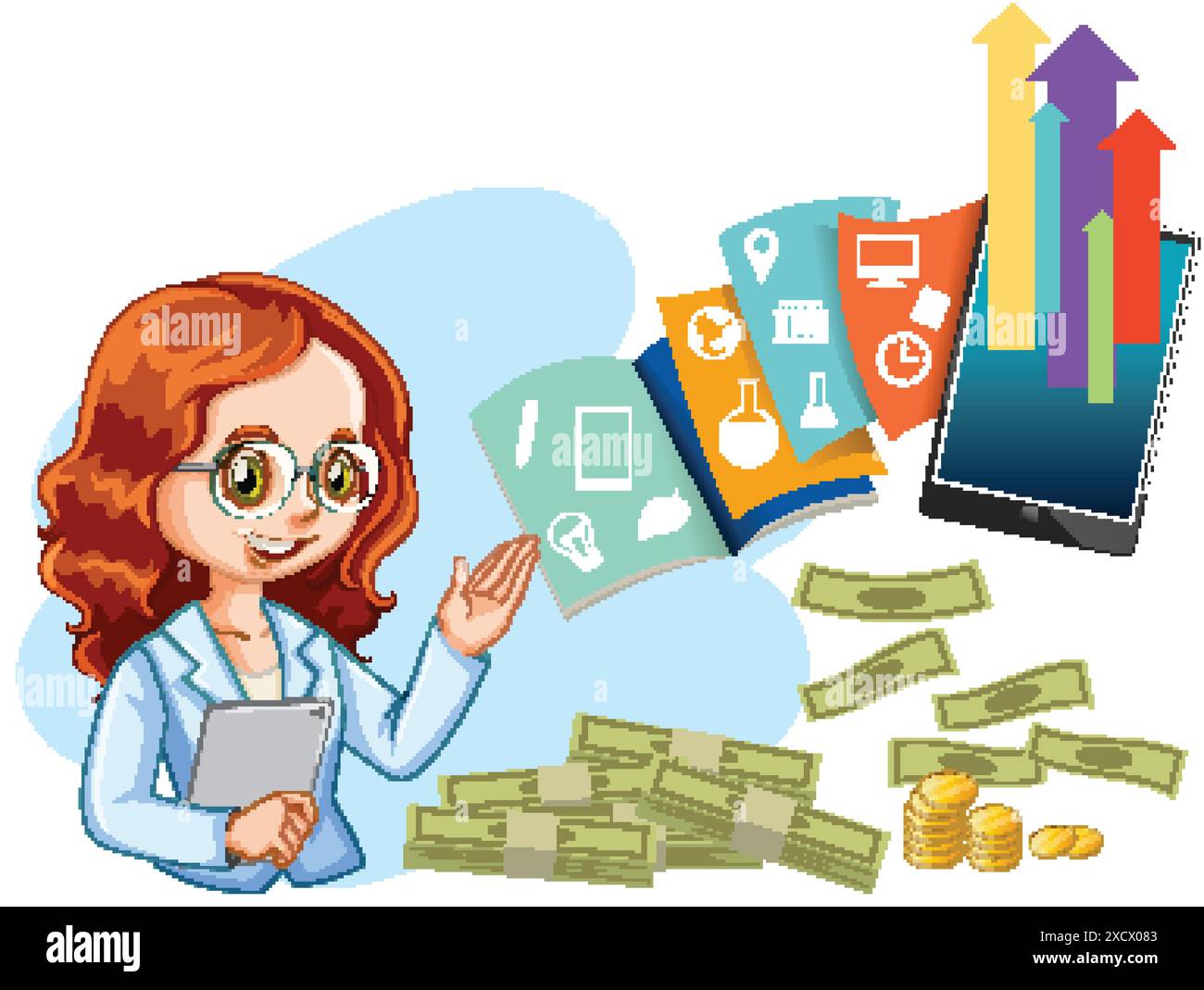 Illustration of businesswoman with money and growth charts Stock Vector ...