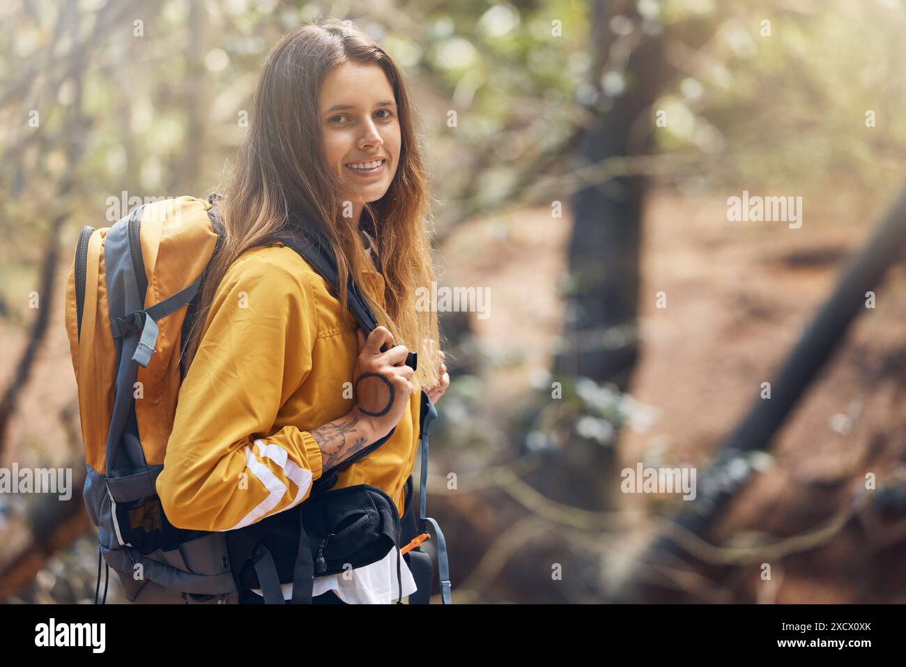 Hiking, woman and portrait in forest for adventure, backpacking and ...